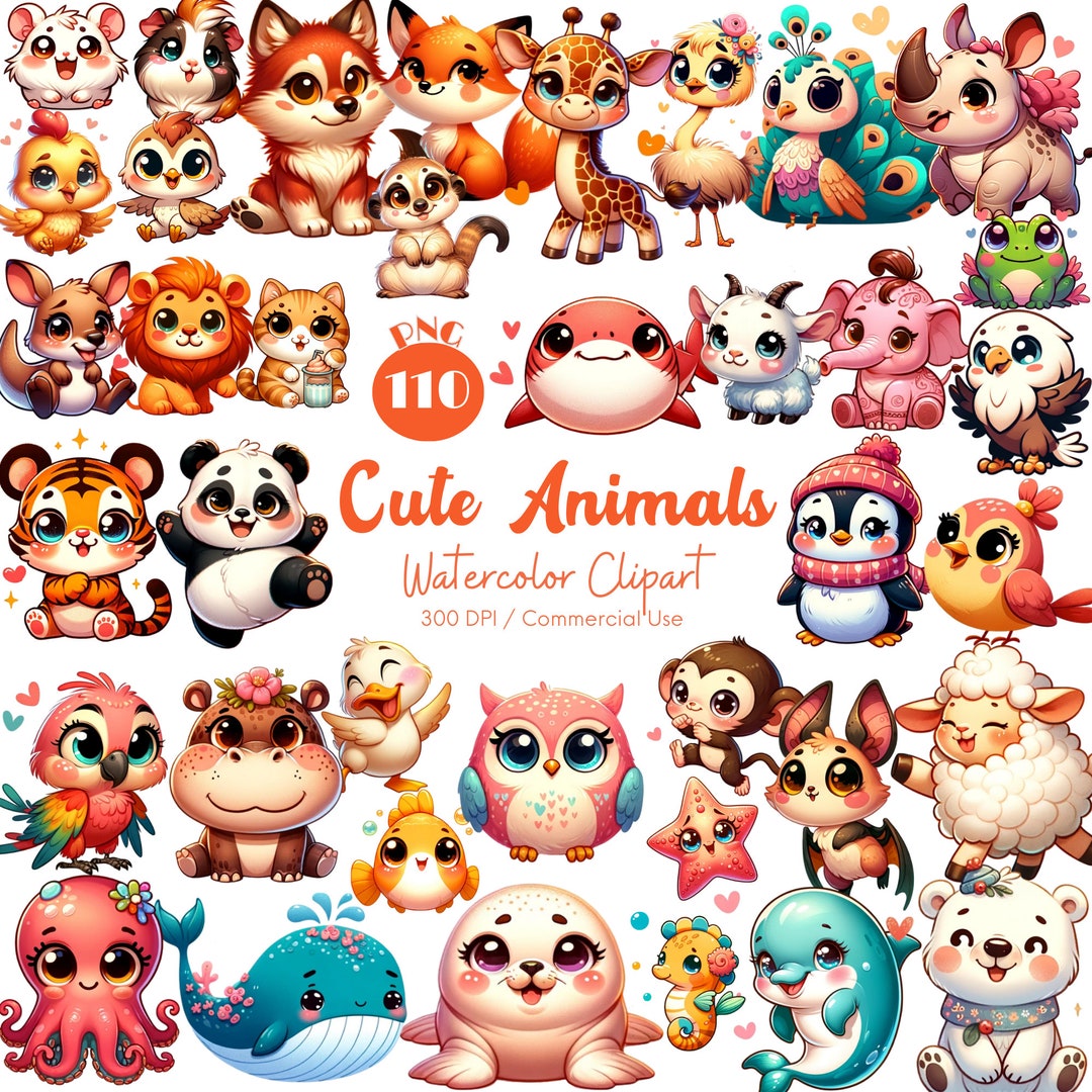 Cute Animals Clipart 110 PNG Watercolor Cute Animal Safari Animal ...