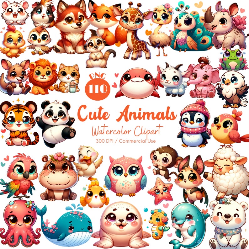 Cute Animals Clipart 110 PNG Watercolor Cute Animal Safari Animal ...