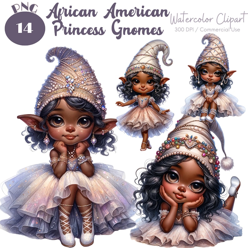 Watercolor African American Princess Gnome Clipart 14 PNG (digital ...