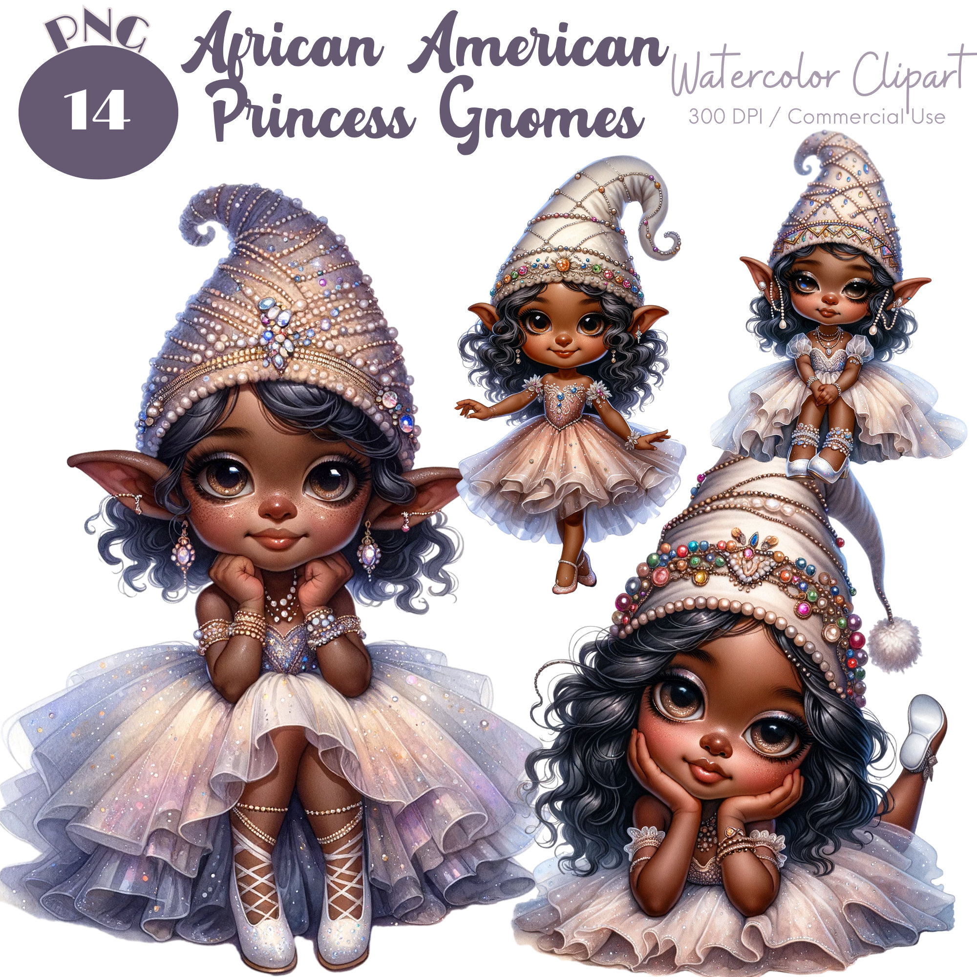 Watercolor African American Princess Gnome Clipart 14 PNG (digital ...