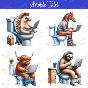 Animals Toilet Clipart 24 PNG Watercolor Animals Sitting on the Toilet ...