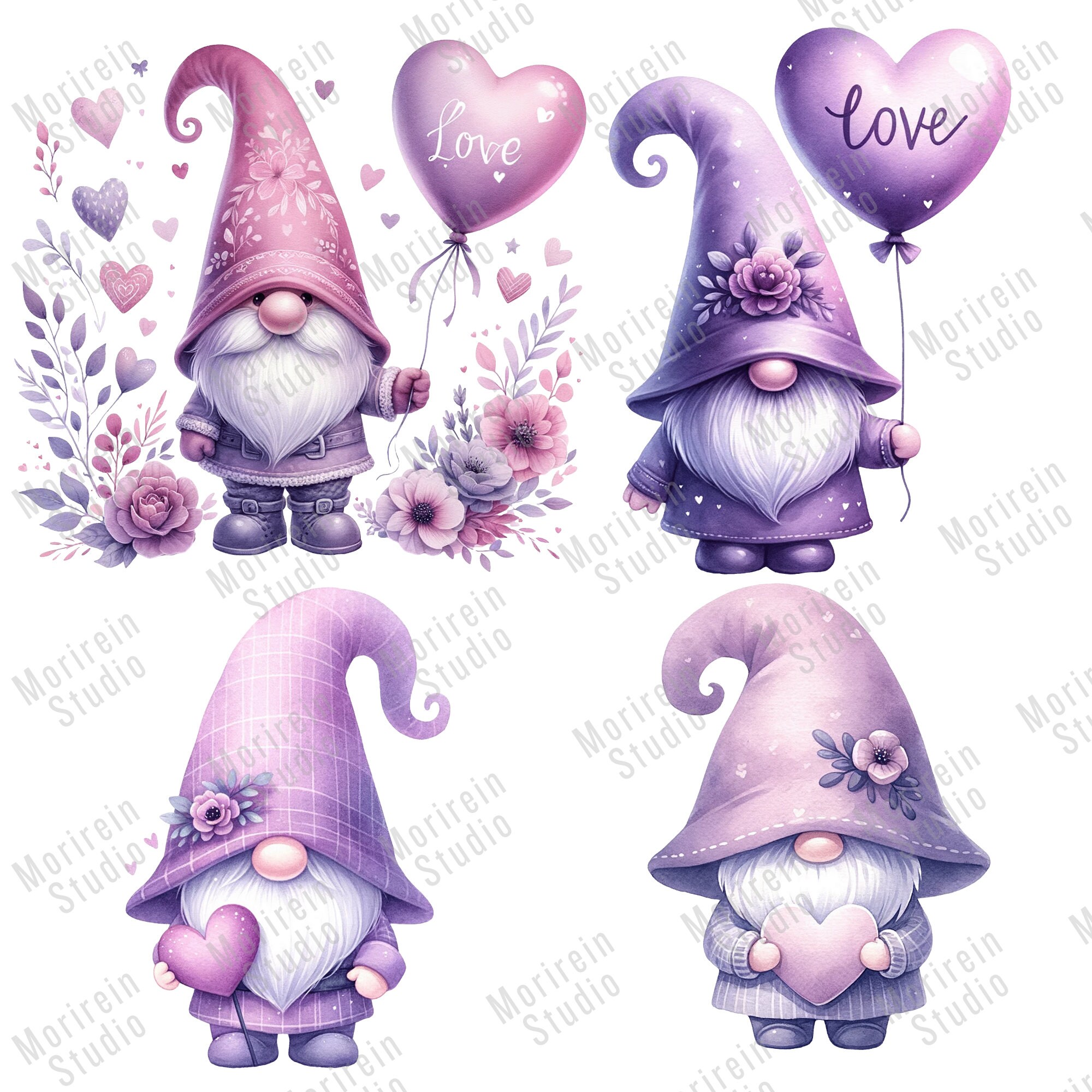 Purple Valentine Gnomes Watercolor Clipart: 24 PNG Illustrations ...