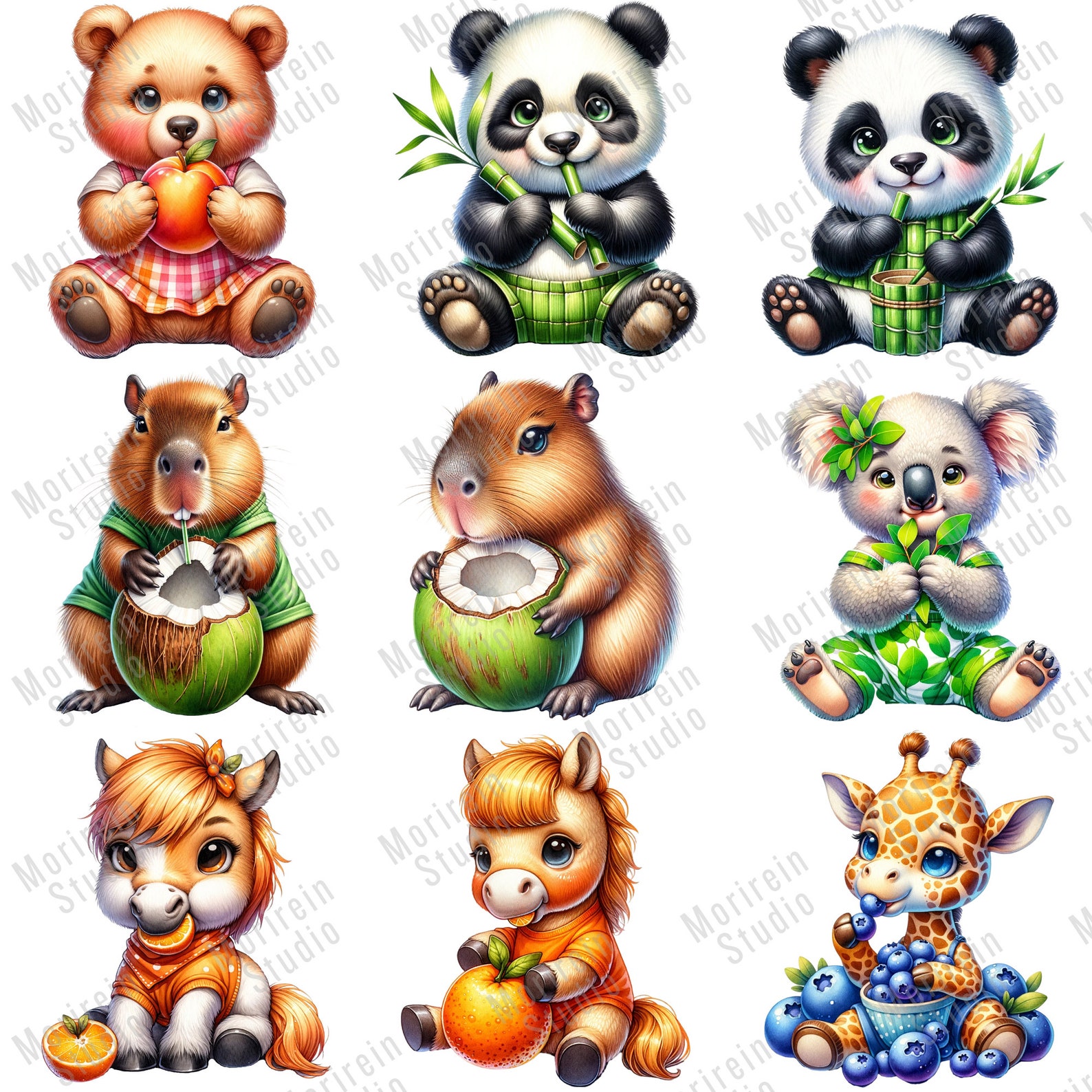 Fruit Animals Clipart 40 PNG Watercolor Cute Animal With Fruit and ...