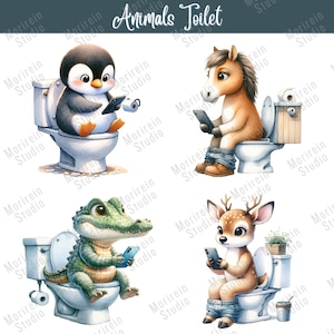 Animals Toilet Clipart 24 PNG Watercolor Animals Sitting on the Toilet ...