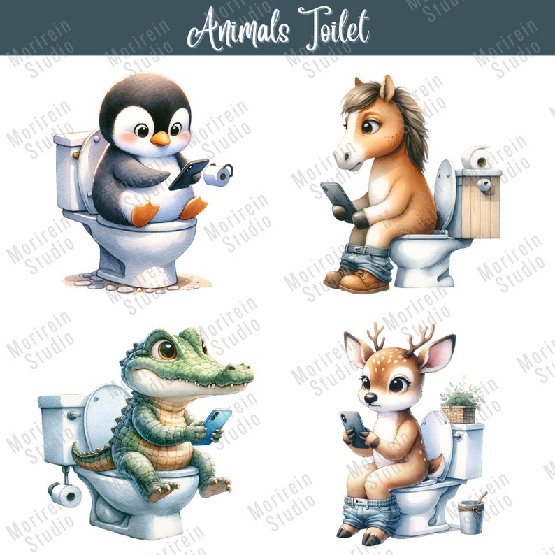 Animals Toilet Clipart 24 PNG Watercolor Animals Sitting on the Toilet ...