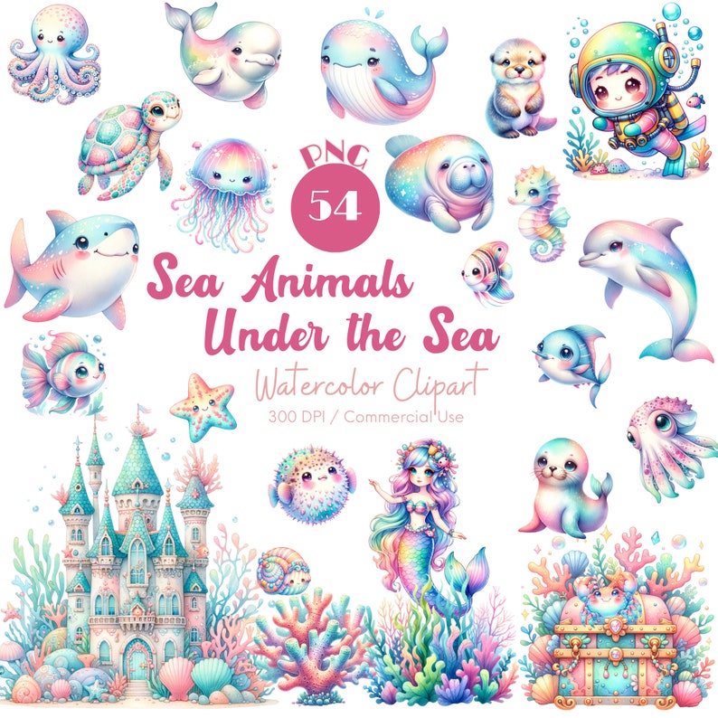Cute Sea Animals Clipart 54 PNG Watercolor Under the Sea Clipart ...