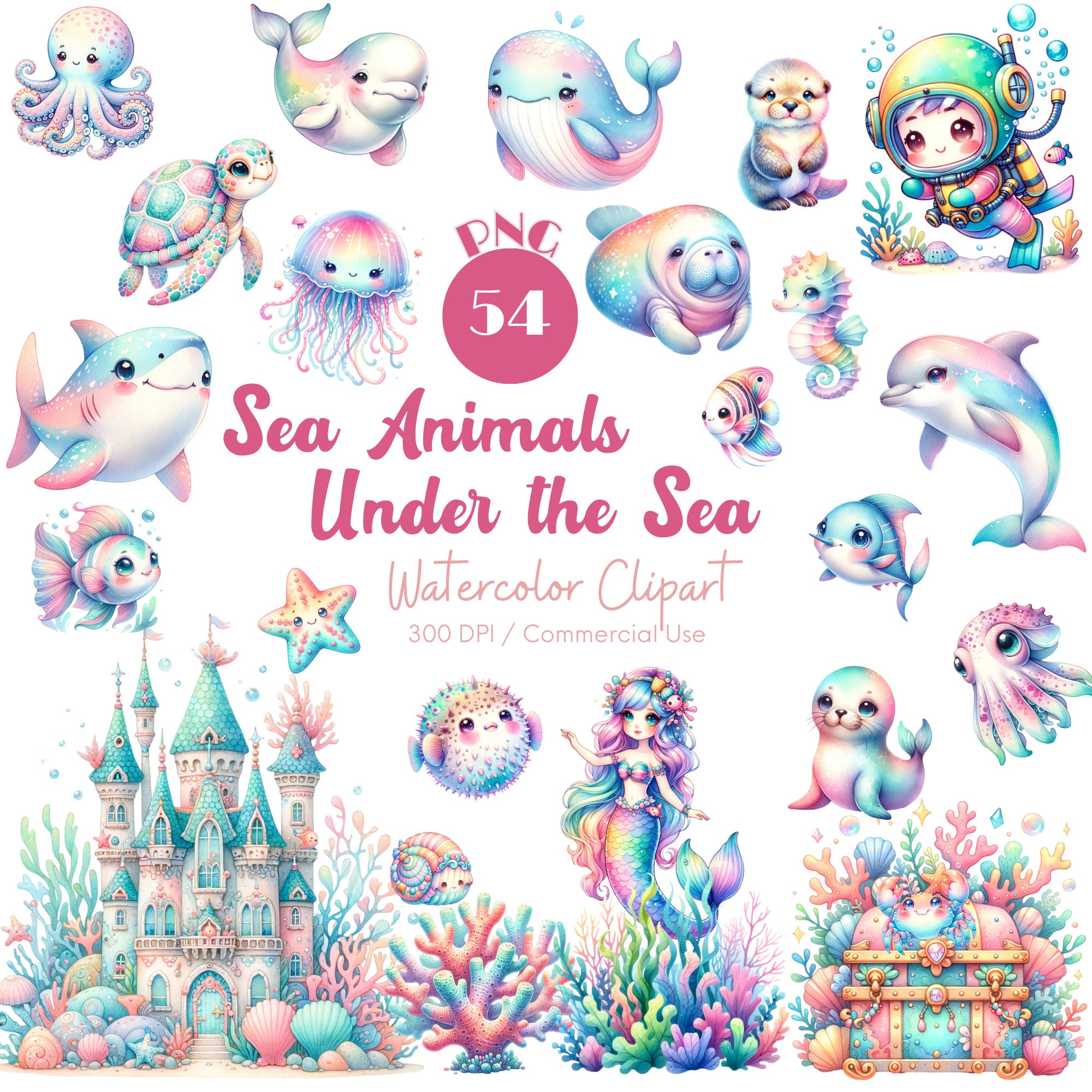 Cute Sea Animals Clipart 54 PNG Watercolor Under the Sea Clipart ...
