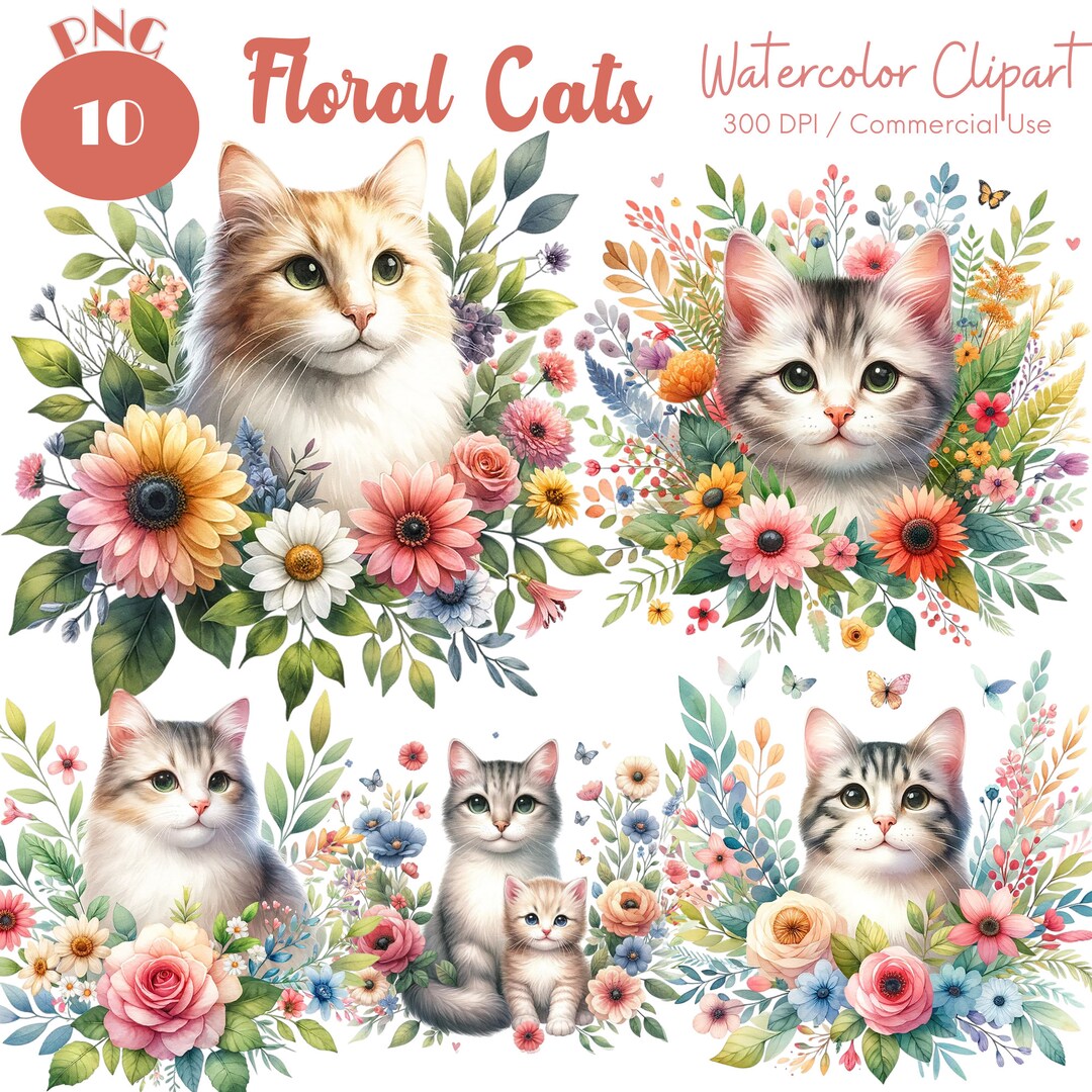 Floral Cats Clipart 10 PNG Watercolor Flower Cat Clipart Cute Cat Cute ...