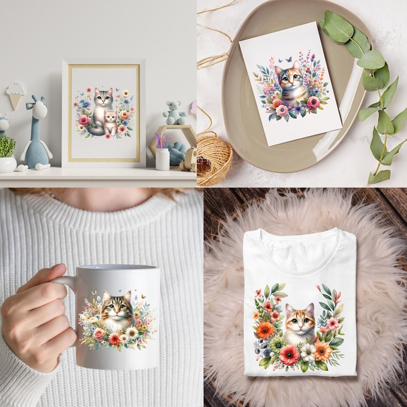 Floral Cats Clipart 10 PNG Watercolor Flower Cat Clipart Cute Cat Cute ...