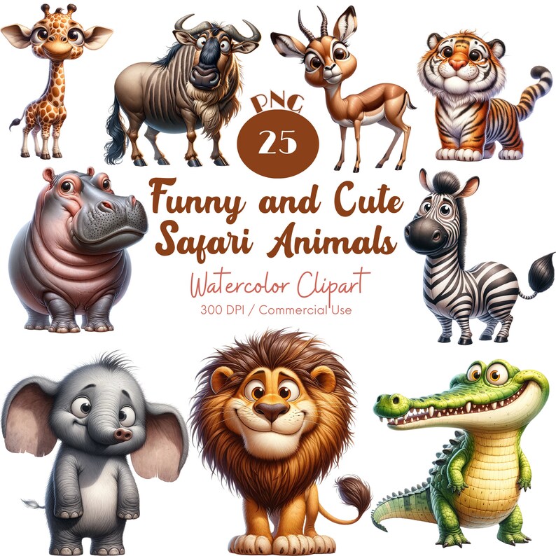 Watercolor Safari Animals Clipart: 25 PNG Whimsical Art (digital ...