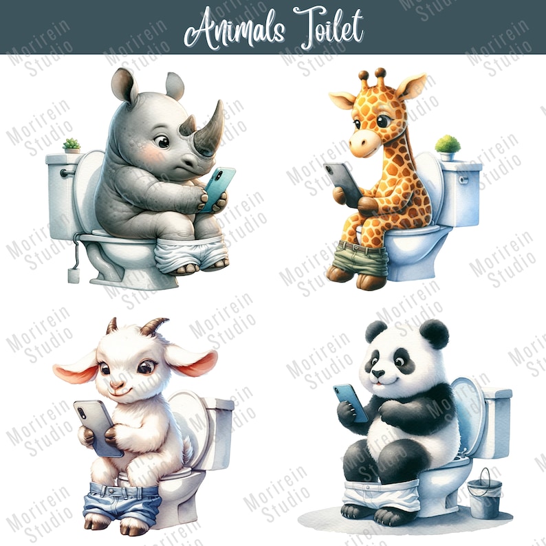 Animals Toilet Clipart 24 PNG Watercolor Animals Sitting on the Toilet ...