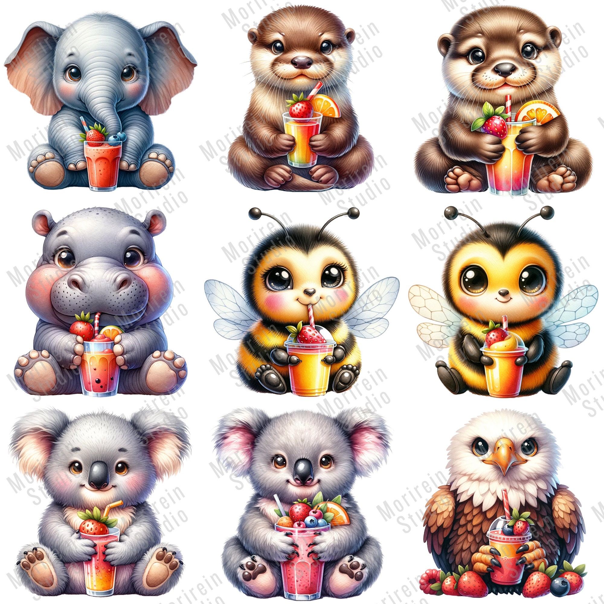 Watercolor Animals Smoothie Clipart: 41 PNG Nursery Art (digital ...