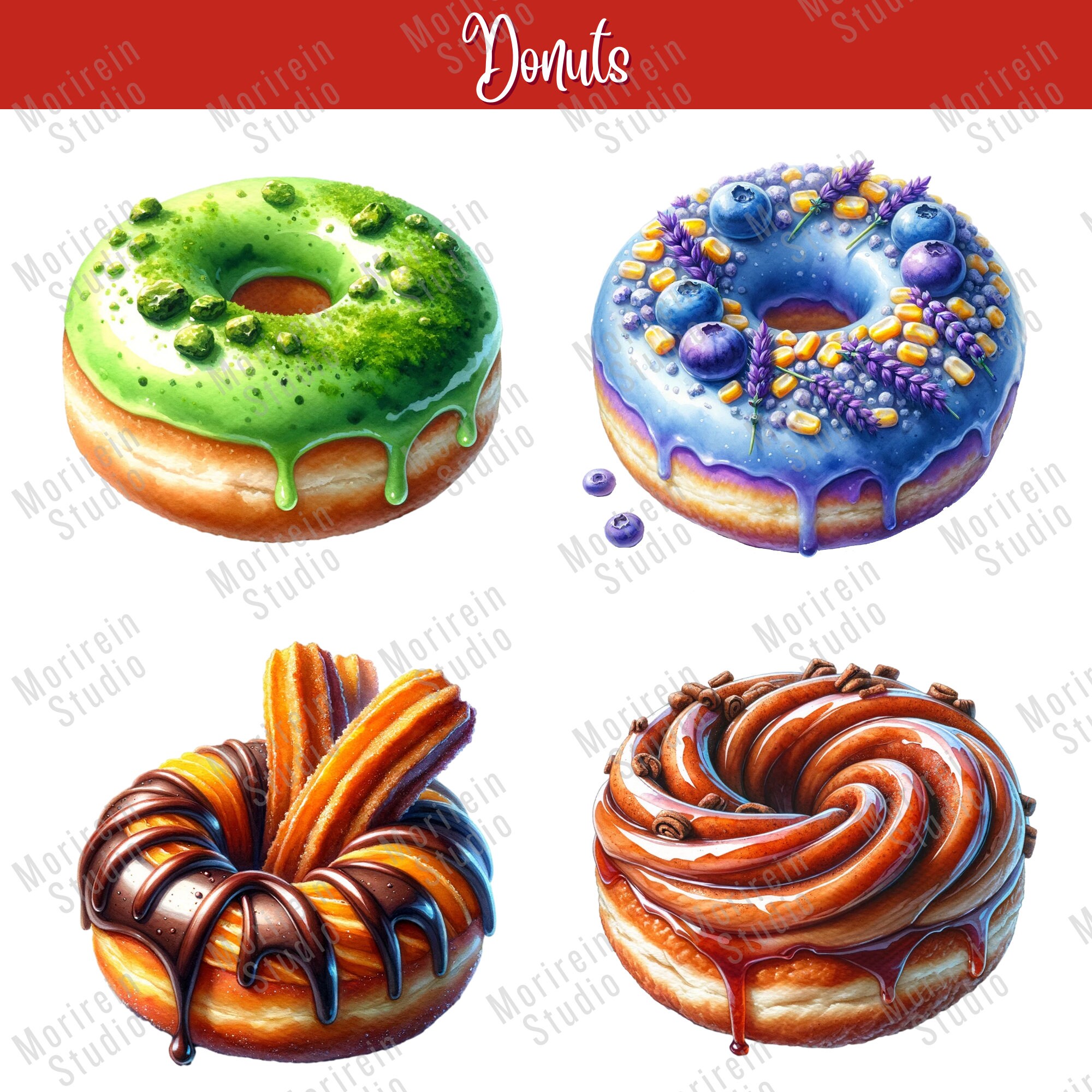 Watercolor Donuts Clipart: 24 PNG Sweet Dessert Graphics (digital ...