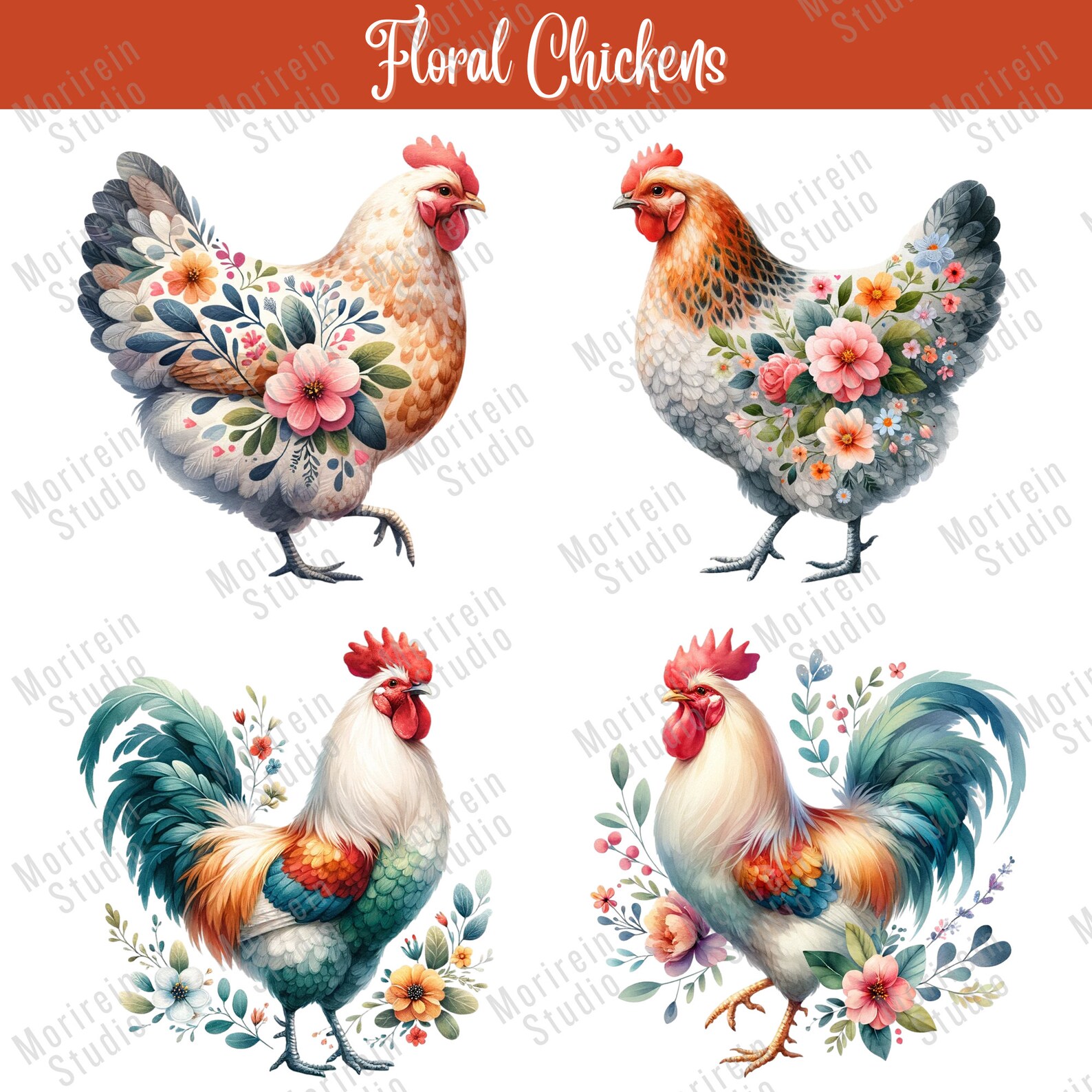 Floral Chicken Clipart: 24 PNG Watercolor Rooster PNG Set (digital ...