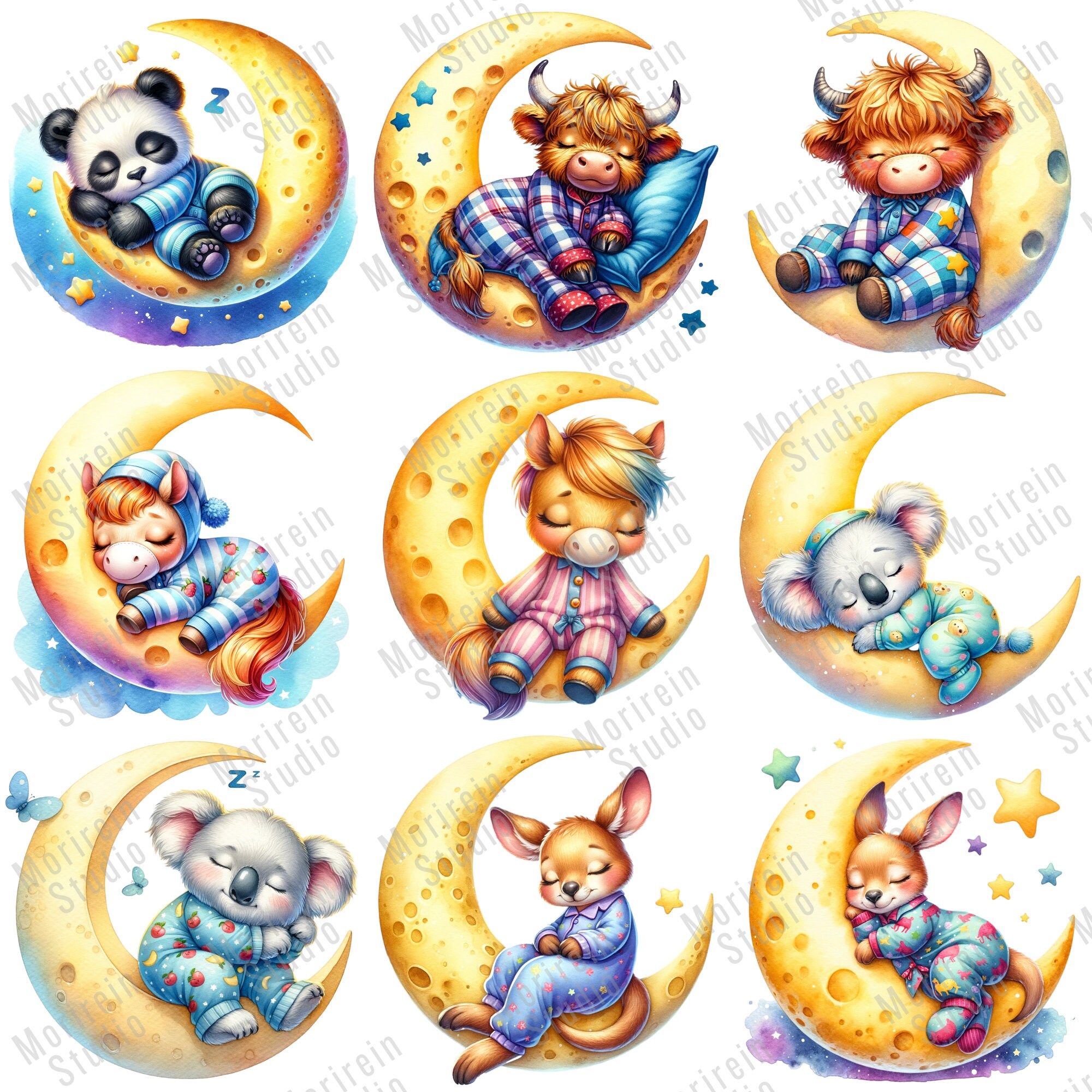 Watercolor Sleeping Animals Clipart: 40 PNG Crescent Moon Graphics ...