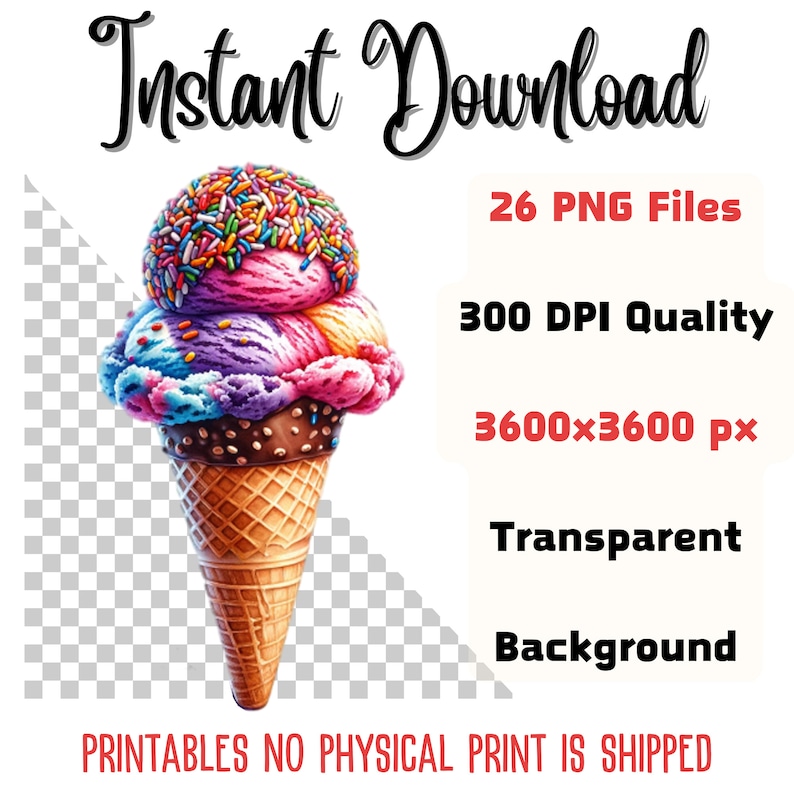 Watercolor Ice Cream Clipart: 26 PNG Dessert Illustrations (digital ...