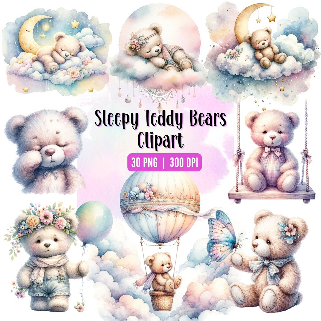 Watercolor Teddy Bears Clipart 30 PNG Cute Teddy Bear Sleepy Teddy Bear ...
