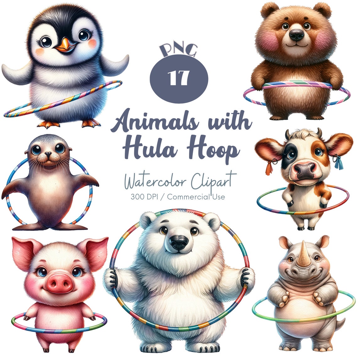 Watercolor Animals With Hula Hoop Clipart: 17 PNG Nursery Art (digital ...