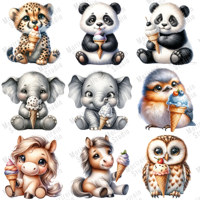 Animals Ice Cream Clipart 40 PNG Watercolor Animals Eating Ice Cream ...