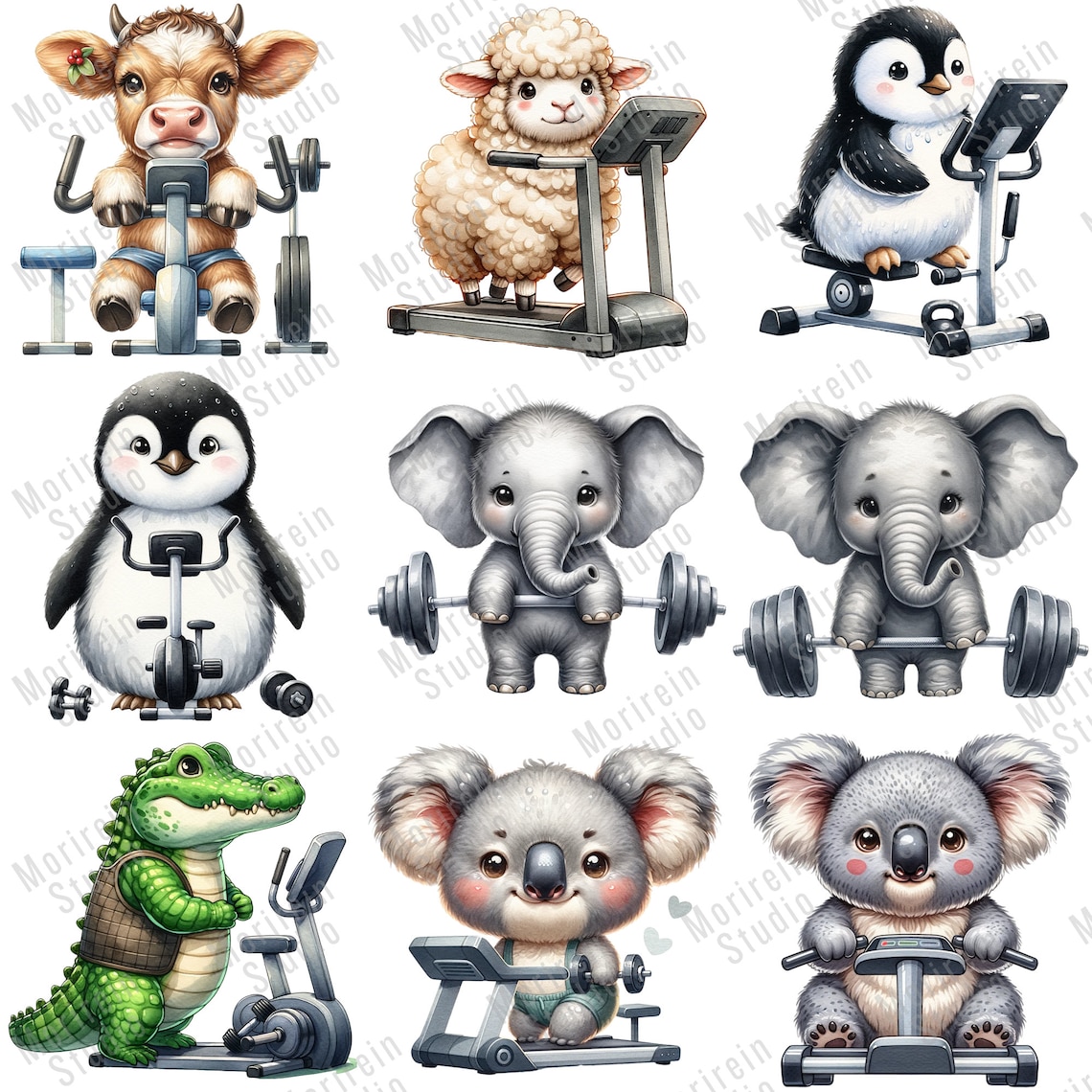 Animals Workout Clipart 38 PNG Watercolor Animals Workout PNG Funny ...