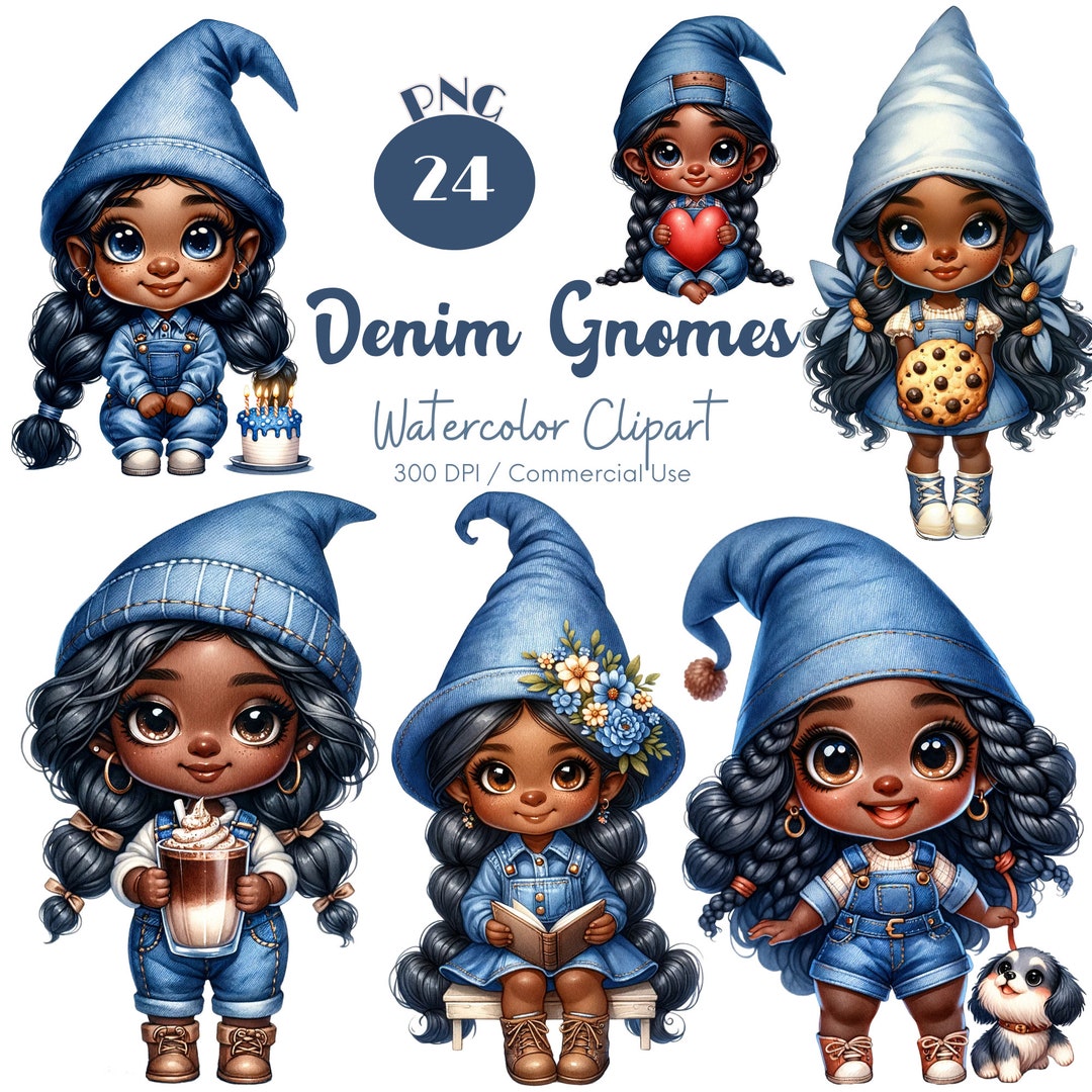 Denim Gnomes Clipart: 24 PNG Watercolor African American Gnomes ...