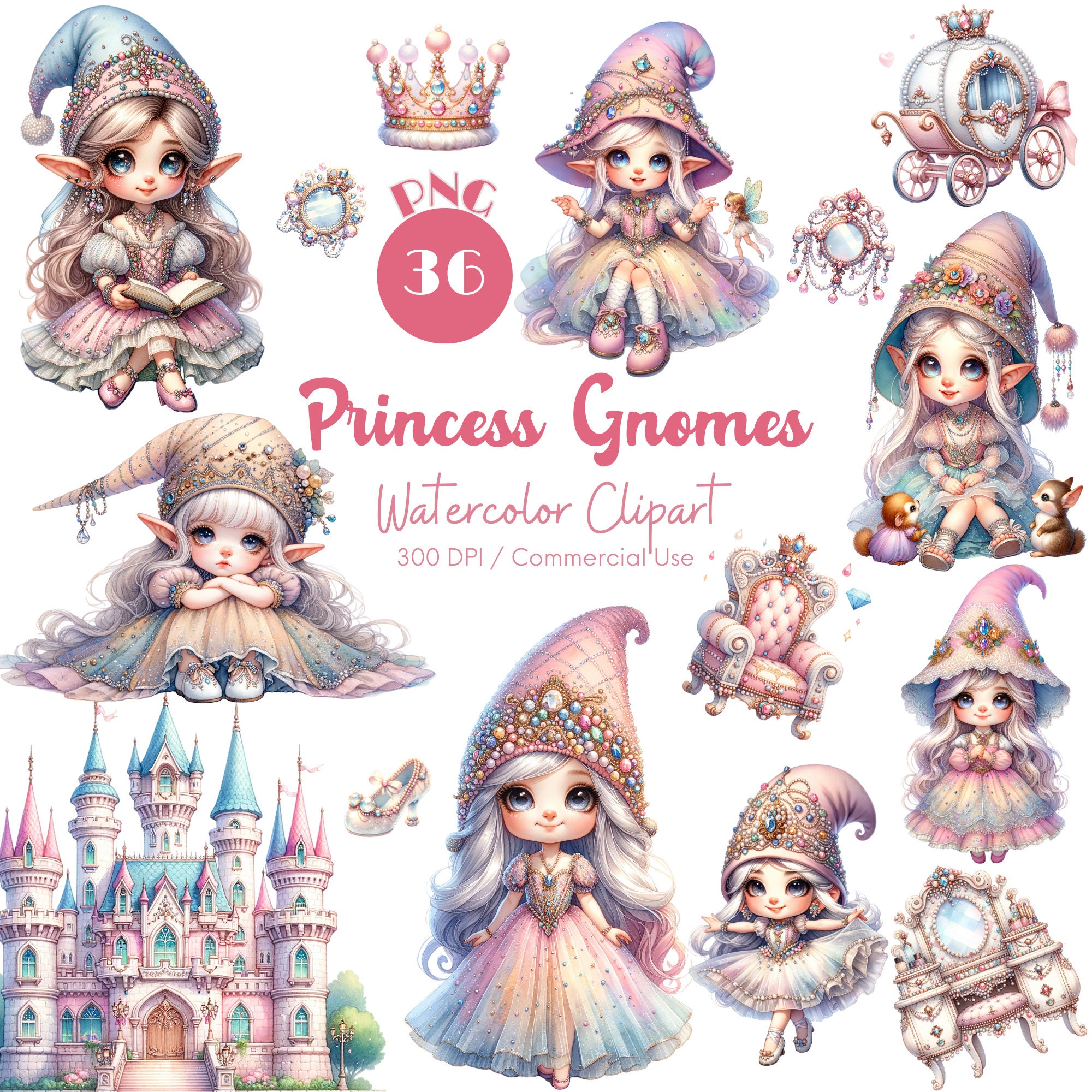 Princess Gnomes Clipart 36 PNG Watercolor Princess Gnome Girls Fairy ...