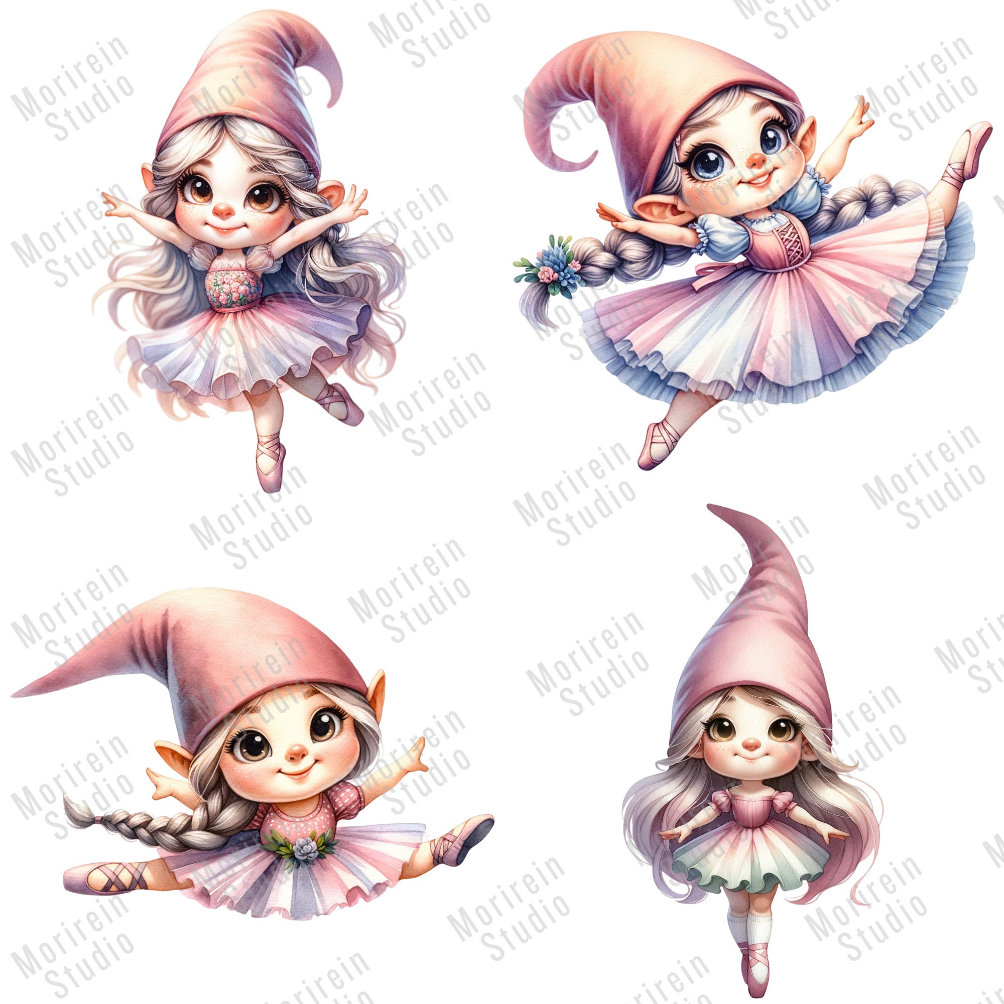 Cute Ballerina Gnome Girls Clipart 24 PNG Watercolor Cute Ballet Gnome ...