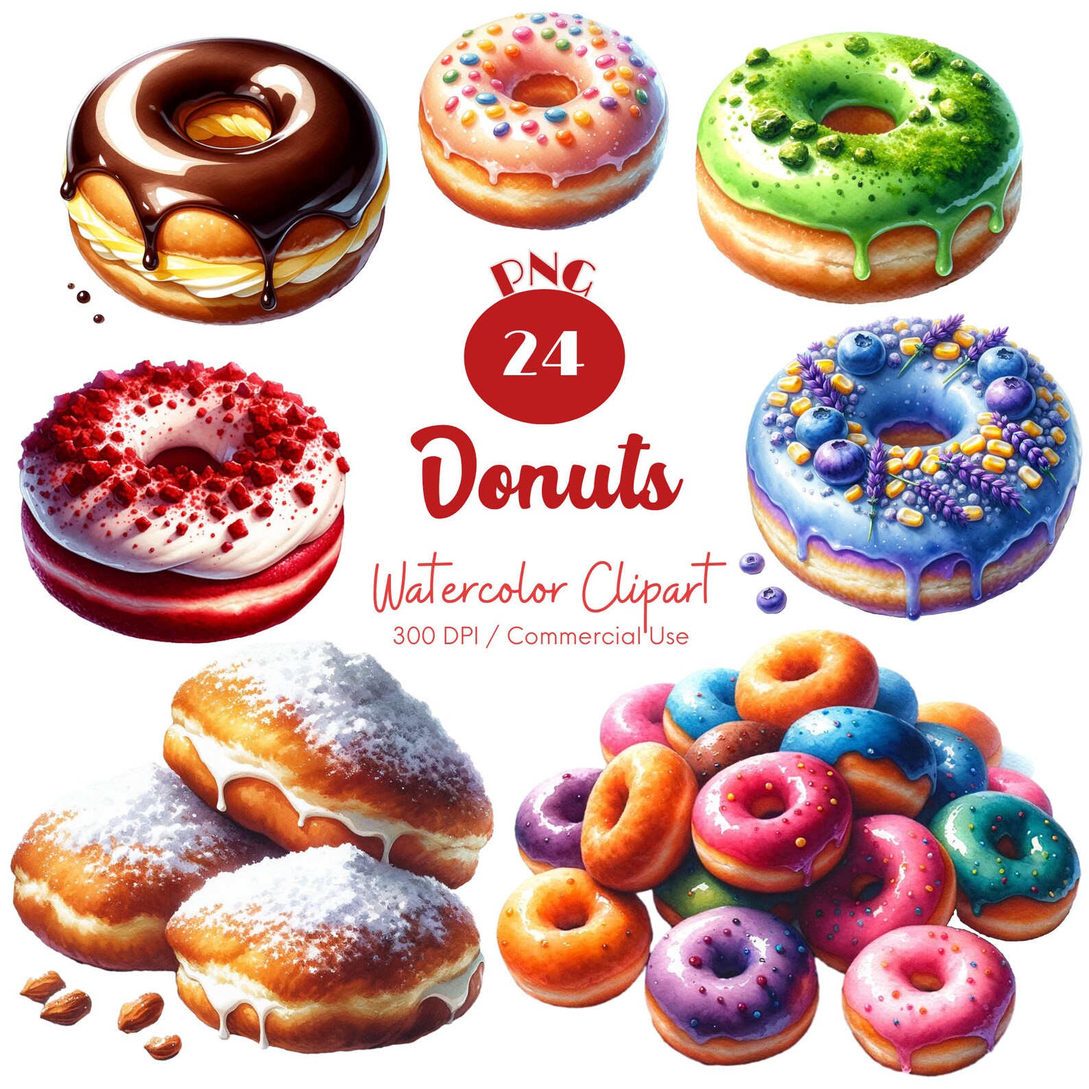 Watercolor Donuts Clipart: 24 PNG Sweet Dessert Graphics (digital ...