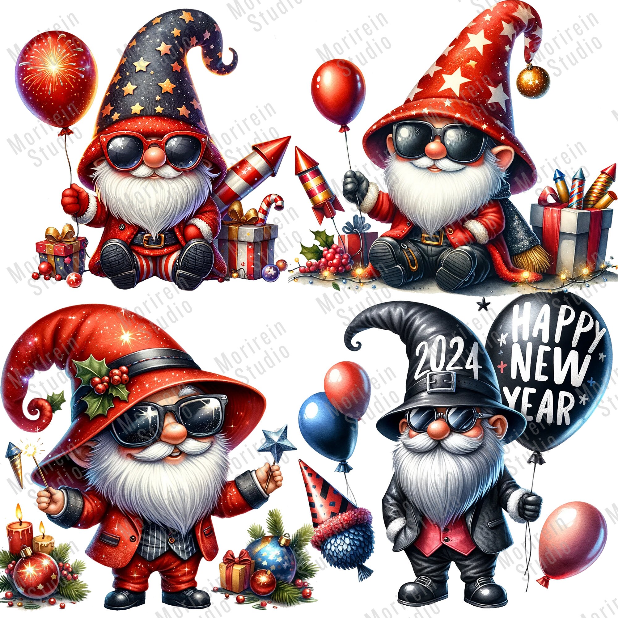 New Year Gnomes Clipart: Watercolor Festive 16 PNG (digital Download ...