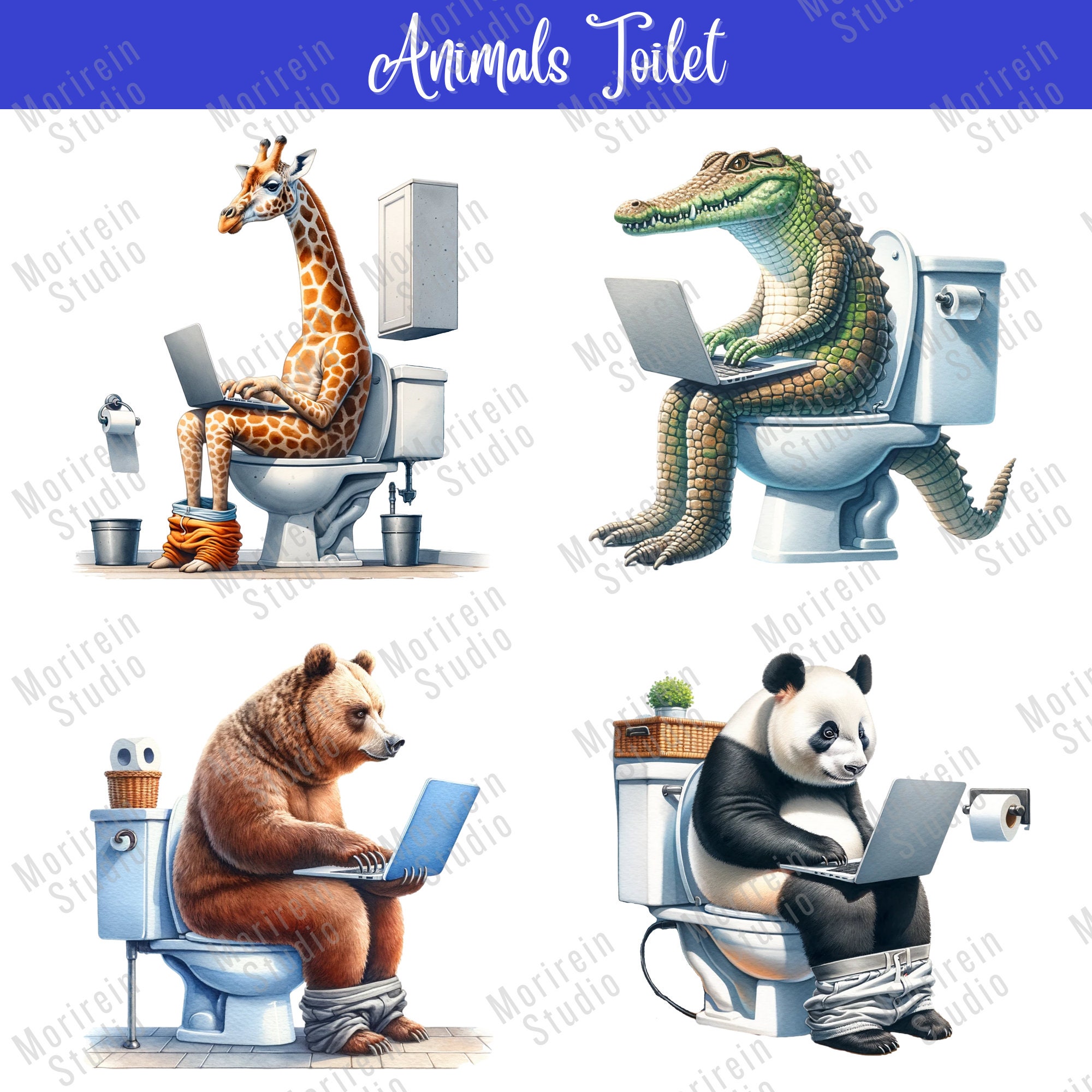 Animals Toilet Clipart 24 PNG Watercolor Animals Sitting on the Toilet ...