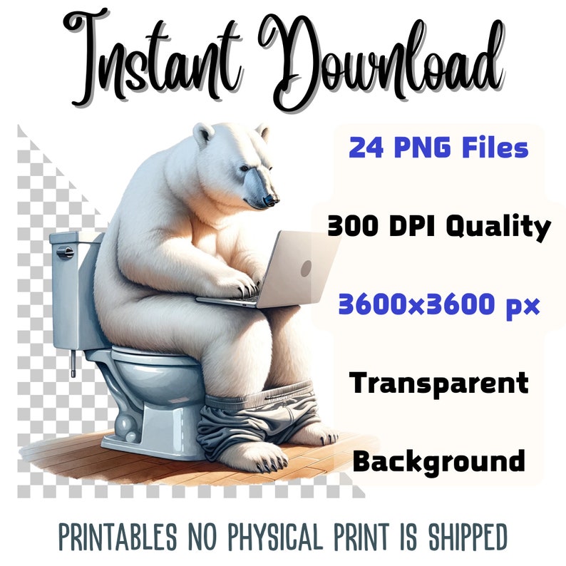 Funny Animals on Toilet Clipart: 24 PNG Watercolor Laptop Art (digital ...