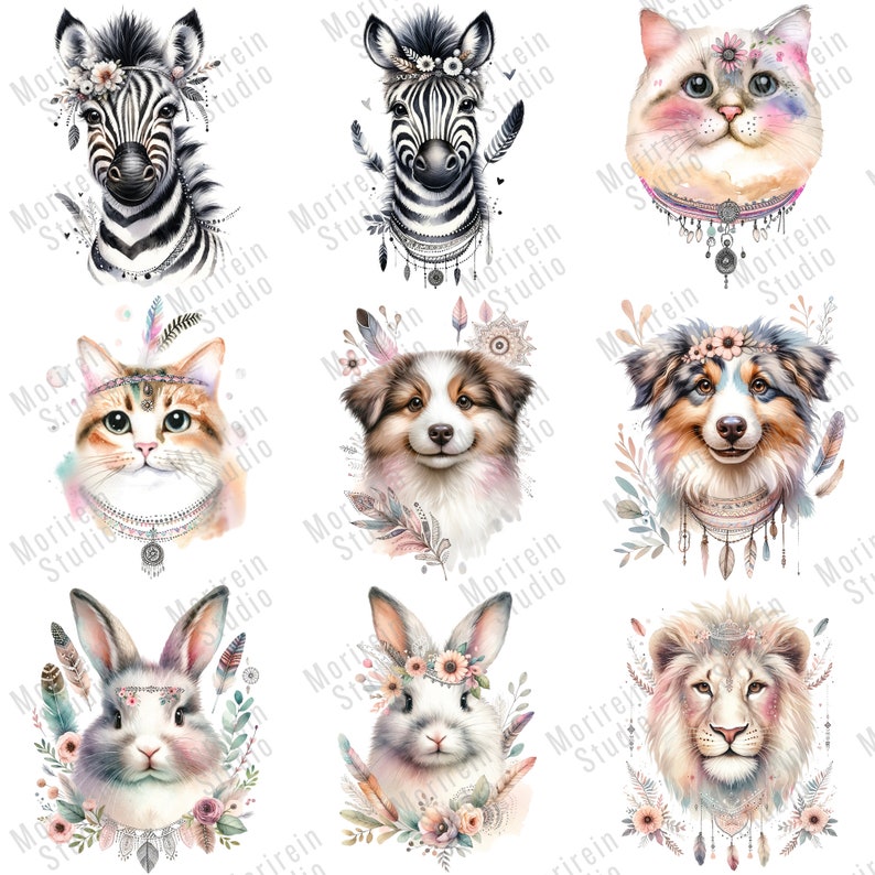 Boho Animals Clipart 42 PNG Watercolor Portrait Animal Boho Style ...