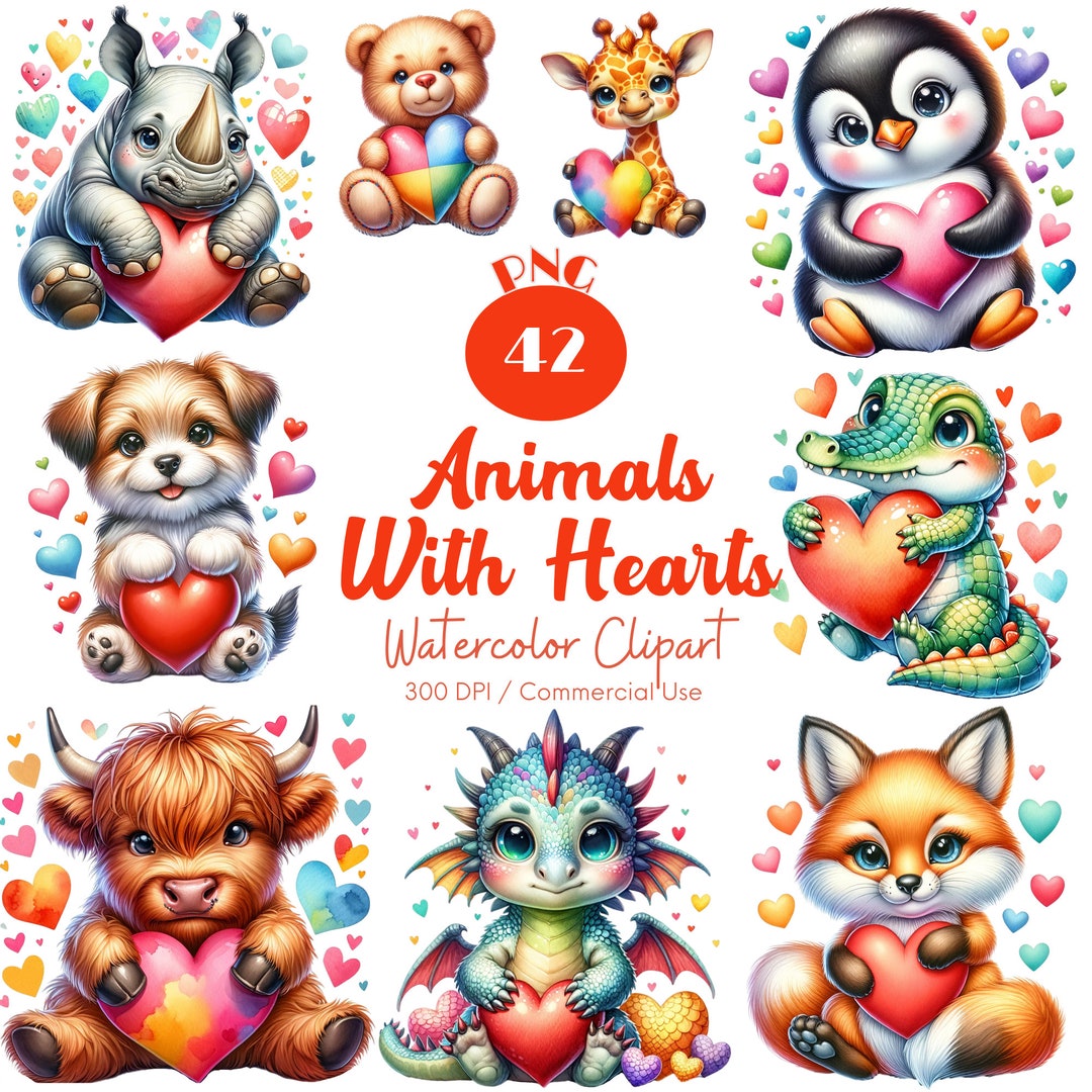 Cute Animals With Hearts Clipart 42 PNG Watercolor Animals Hug Hearts ...