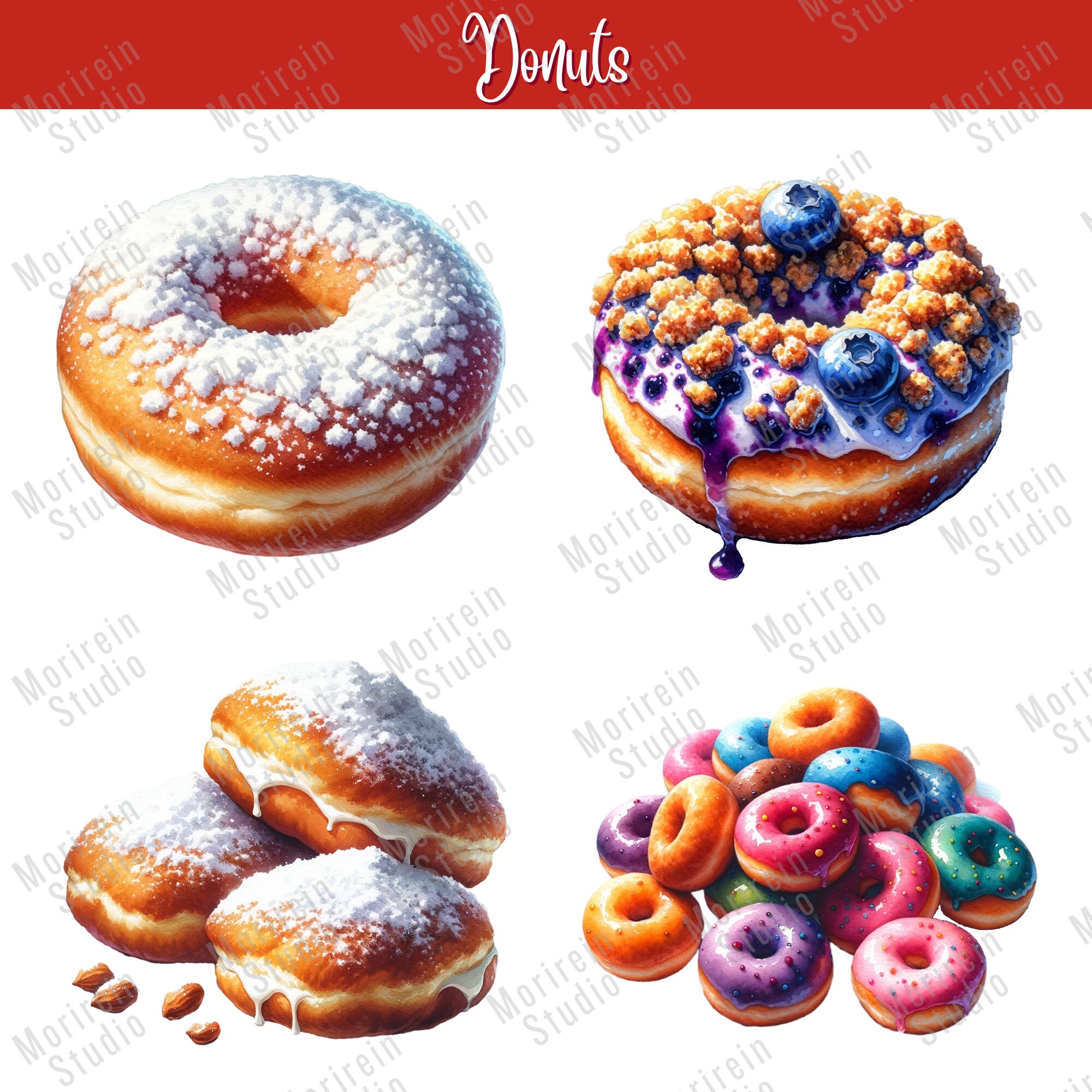 Watercolor Donuts Clipart: 24 PNG Sweet Dessert Graphics (digital ...