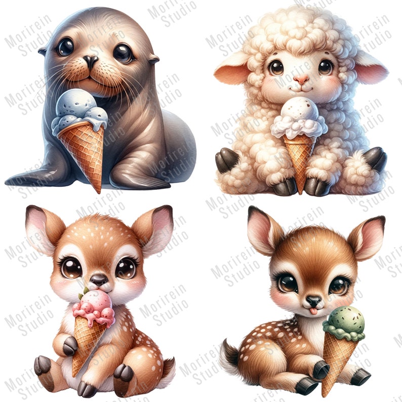 Animals Ice Cream Clipart 40 PNG Watercolor Animals Eating Ice Cream ...