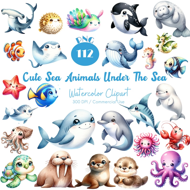 Cute Sea Animals Under the Sea Clipart 112 PNG Watercolor Cute Sea ...