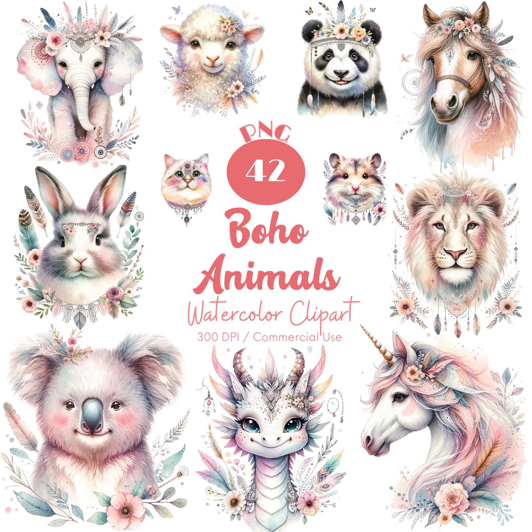 Boho Animals Clipart 42 PNG Watercolor Portrait Animal Boho Style ...