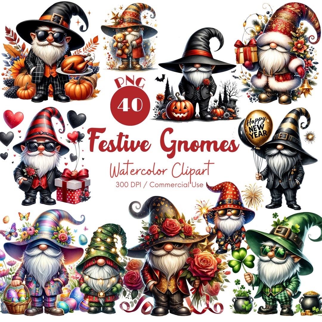 Festive Gnomes Watercolor Clipart: 40 PNG Holiday Illustrations ...