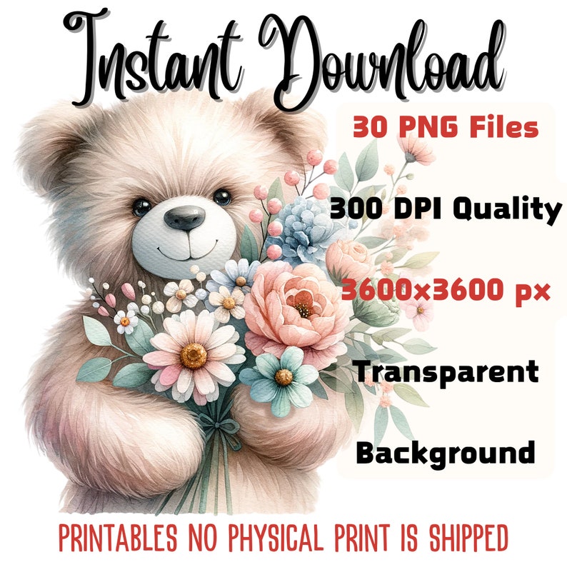 Teddy Bears Clipart 30 PNG Watercolor Cute Teddy Bear Sleepy Teddy Bear ...