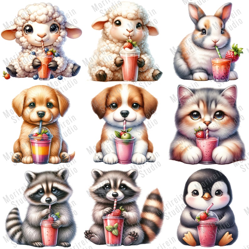 Watercolor Animals Smoothie Clipart: 41 PNG Nursery Art (digital ...