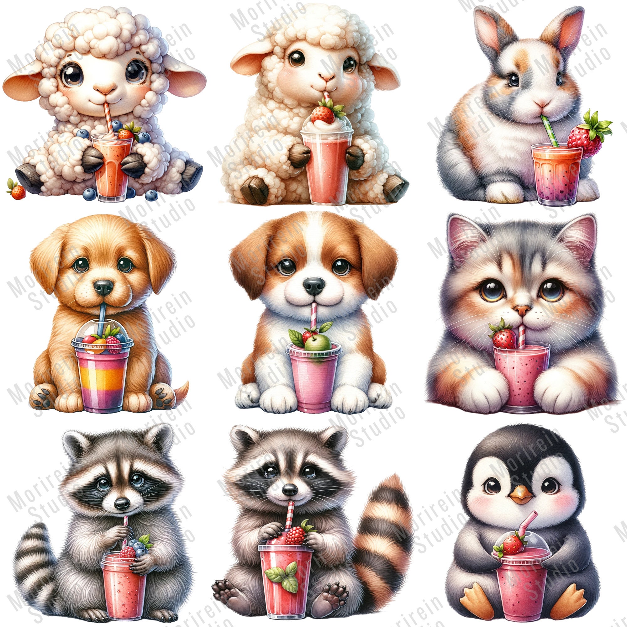 Animals Smoothie Clipart 41 PNG Watercolor Animals Drinking Smoothie ...