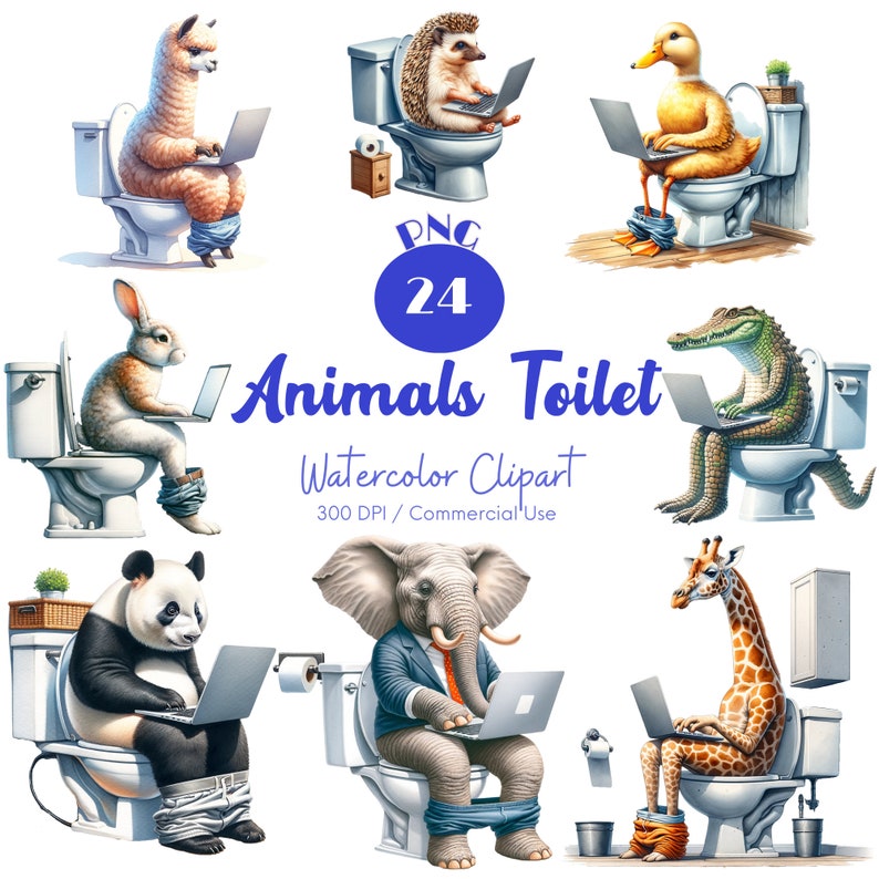 Animals Toilet Clipart 24 PNG Watercolor Animals Sitting on the Toilet ...