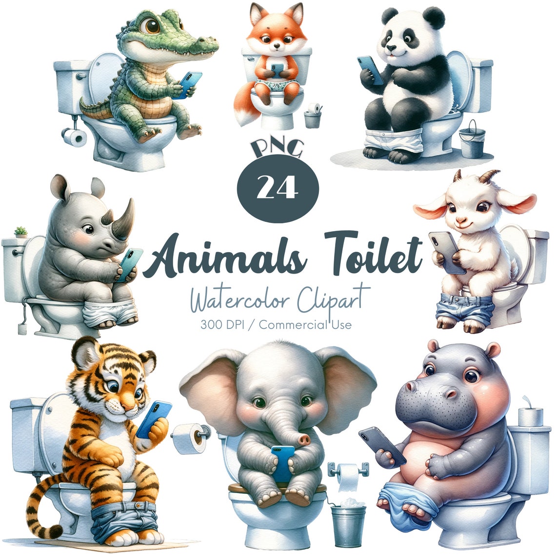 Animals Toilet Clipart 24 PNG Watercolor Animals Sitting on the Toilet ...