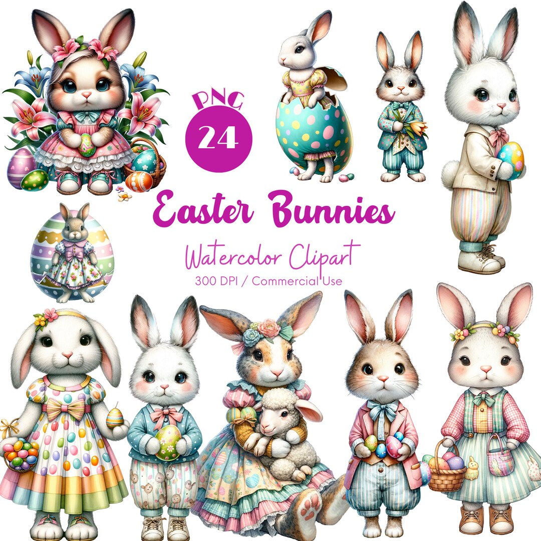 Watercolor Easter Bunnies Clipart: 24 PNG Whimsical Rabbits (digital ...