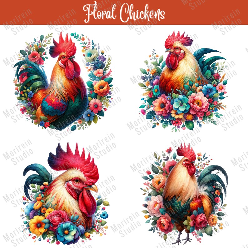 Floral Chicken Clipart: 24 PNG Watercolor Rooster PNG Set (digital ...