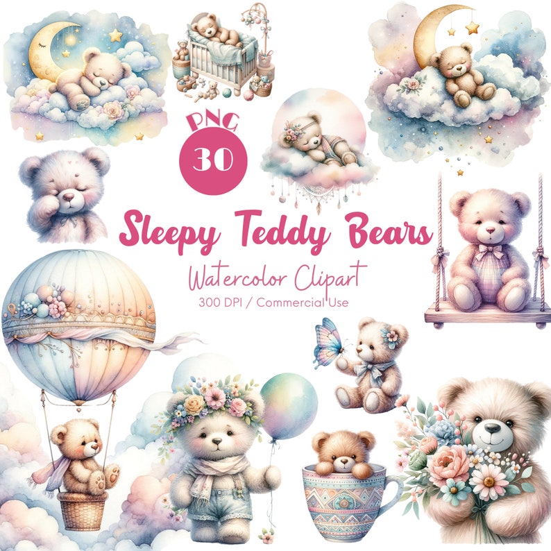 Watercolor Teddy Bear Clipart: 30 PNG Images, Nursery Decor (digital ...
