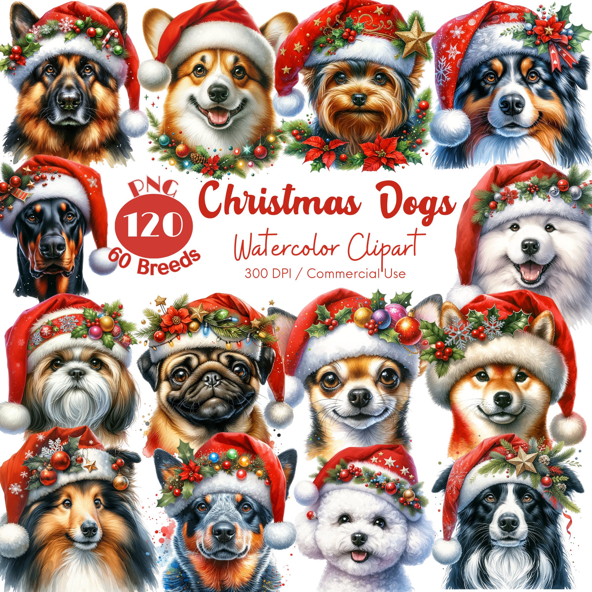 Christmas Dog Watercolor Clipart: 60 Breeds PNG Bundle (digital ...
