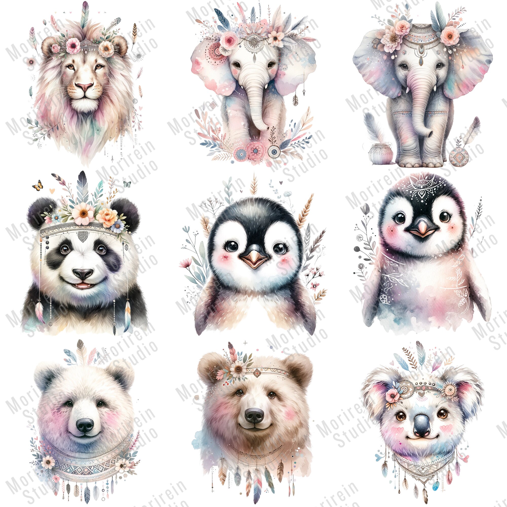 Boho Animals Clipart 42 PNG Watercolor Portrait Animal Boho Style ...