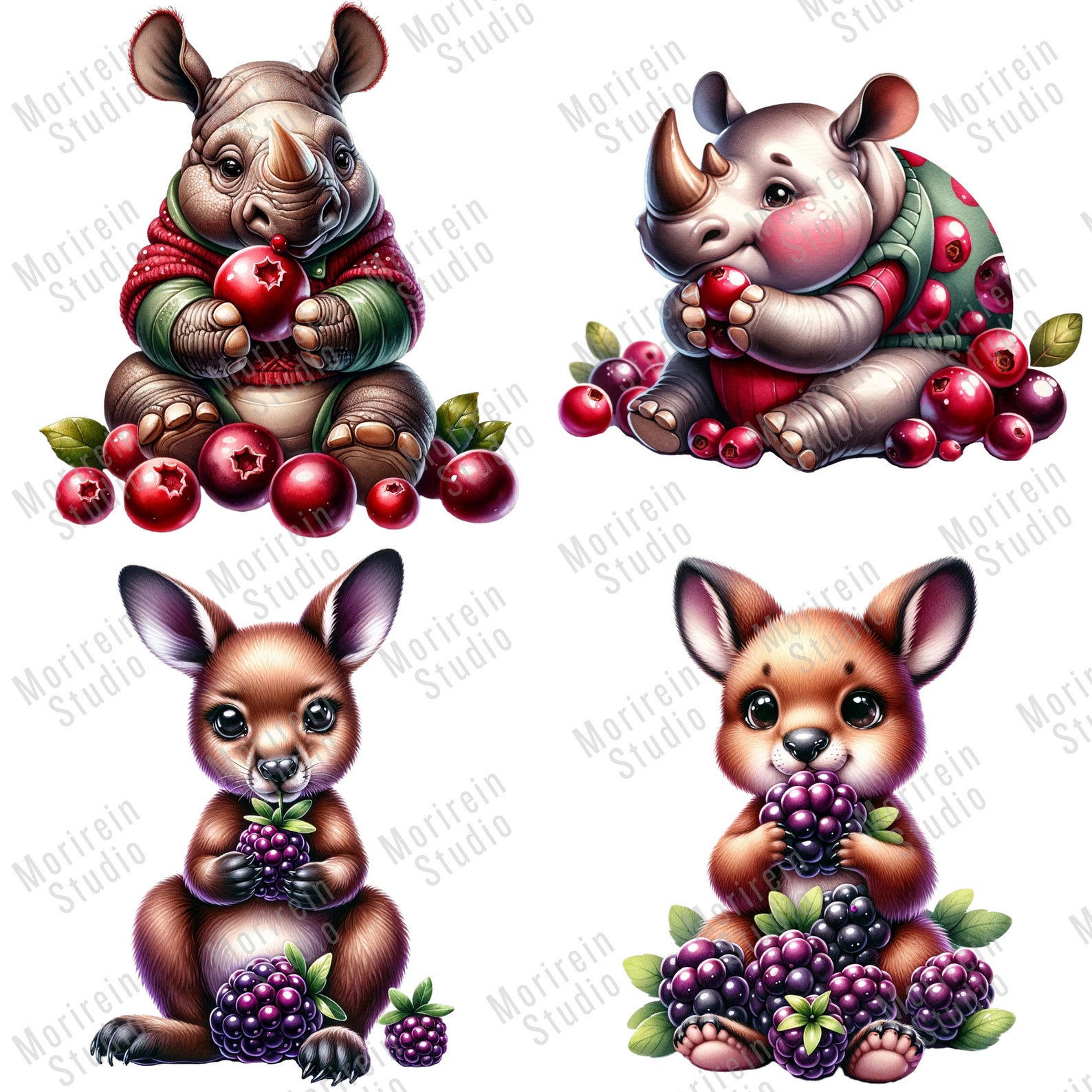 Fruit Animals Clipart 40 PNG Watercolor Cute Animal With Fruit and ...