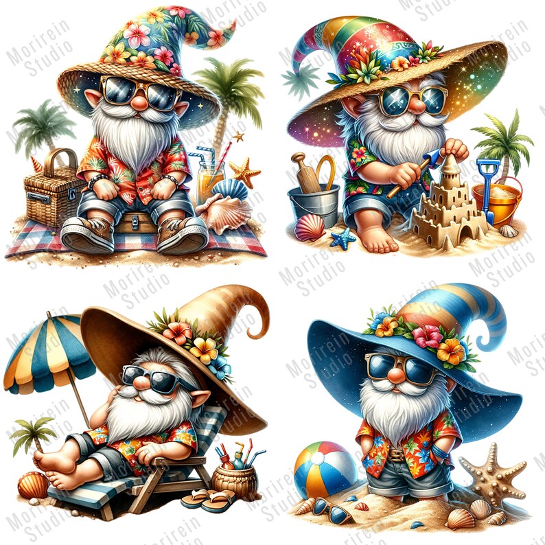Beach Gnomes Clipart 18 PNG Watercolor Summer Party Gnome Ocean Sign ...